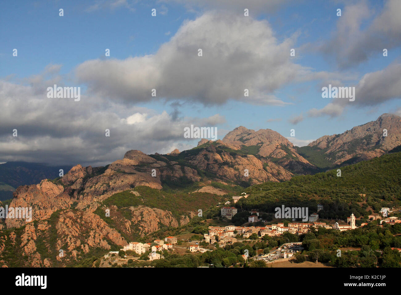 Calanche of Piana rocks and village of Piana on foreground, Gulf of ...