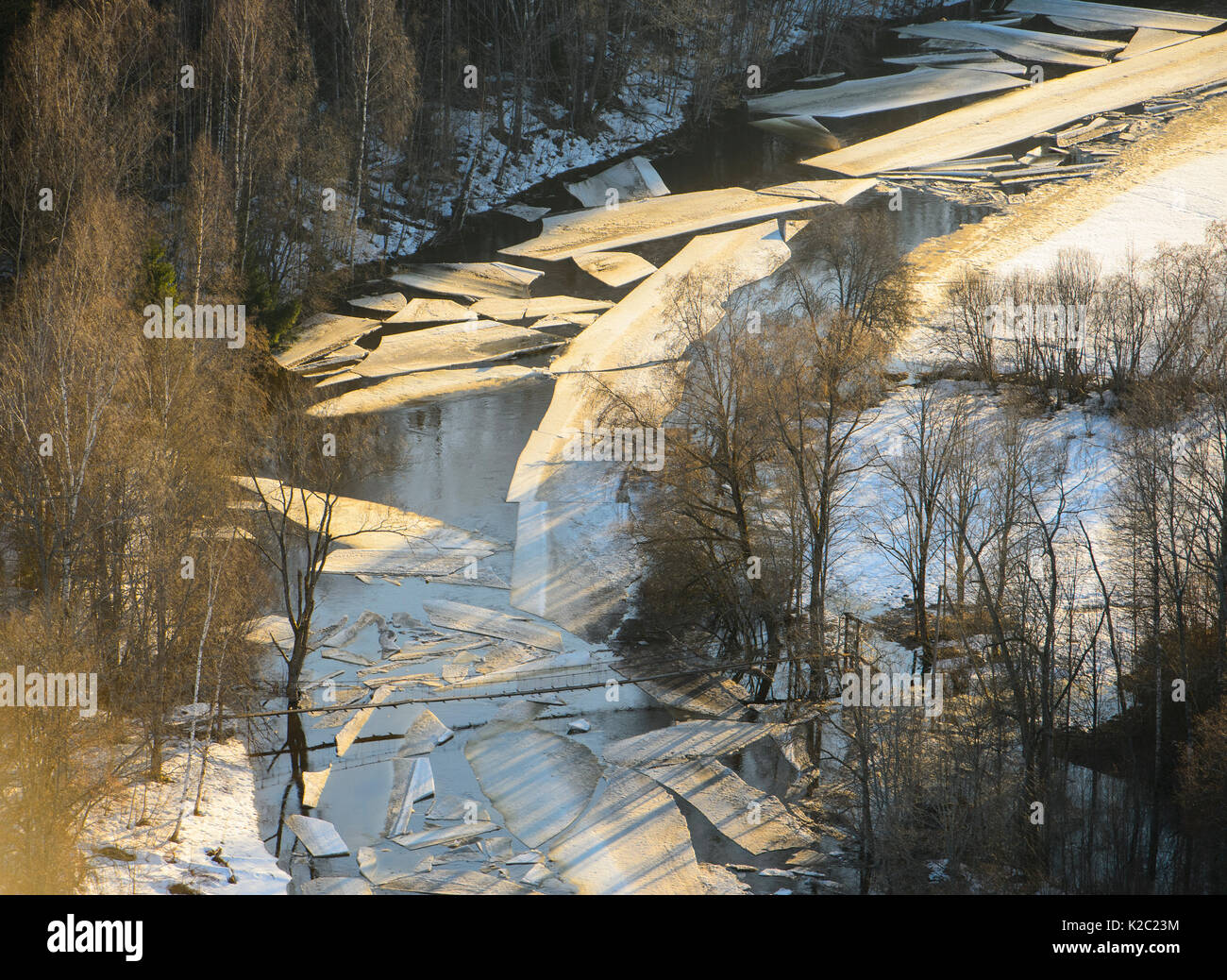 Ice breaking up on Halliste river in spring, Soomaa National Park ...