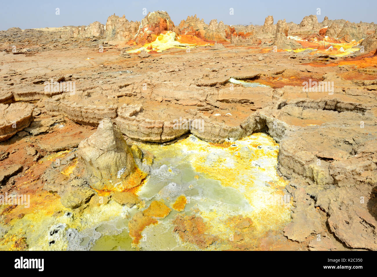 Dallol hot spring with salt concretions coloured by sulphur, potassium ...