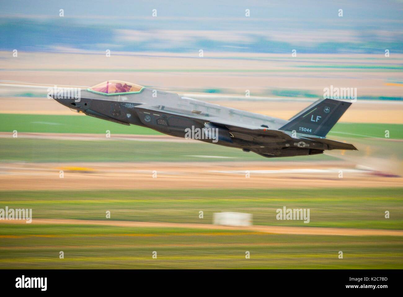 A U.S. Air Force F-35A Lightning II stealth fighter aircraft takes off ...