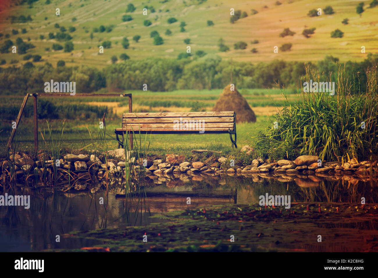 Wooden bench near a small lake Stock Photo - Alamy