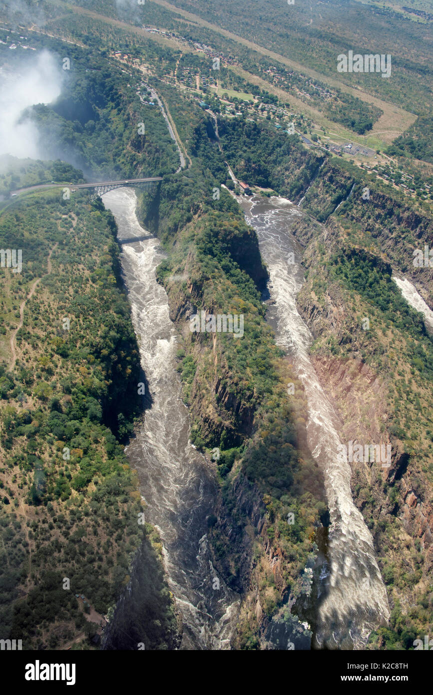Aerial view beginning of Batoka Gorge with Victoria Falls Bridge Zambia ...