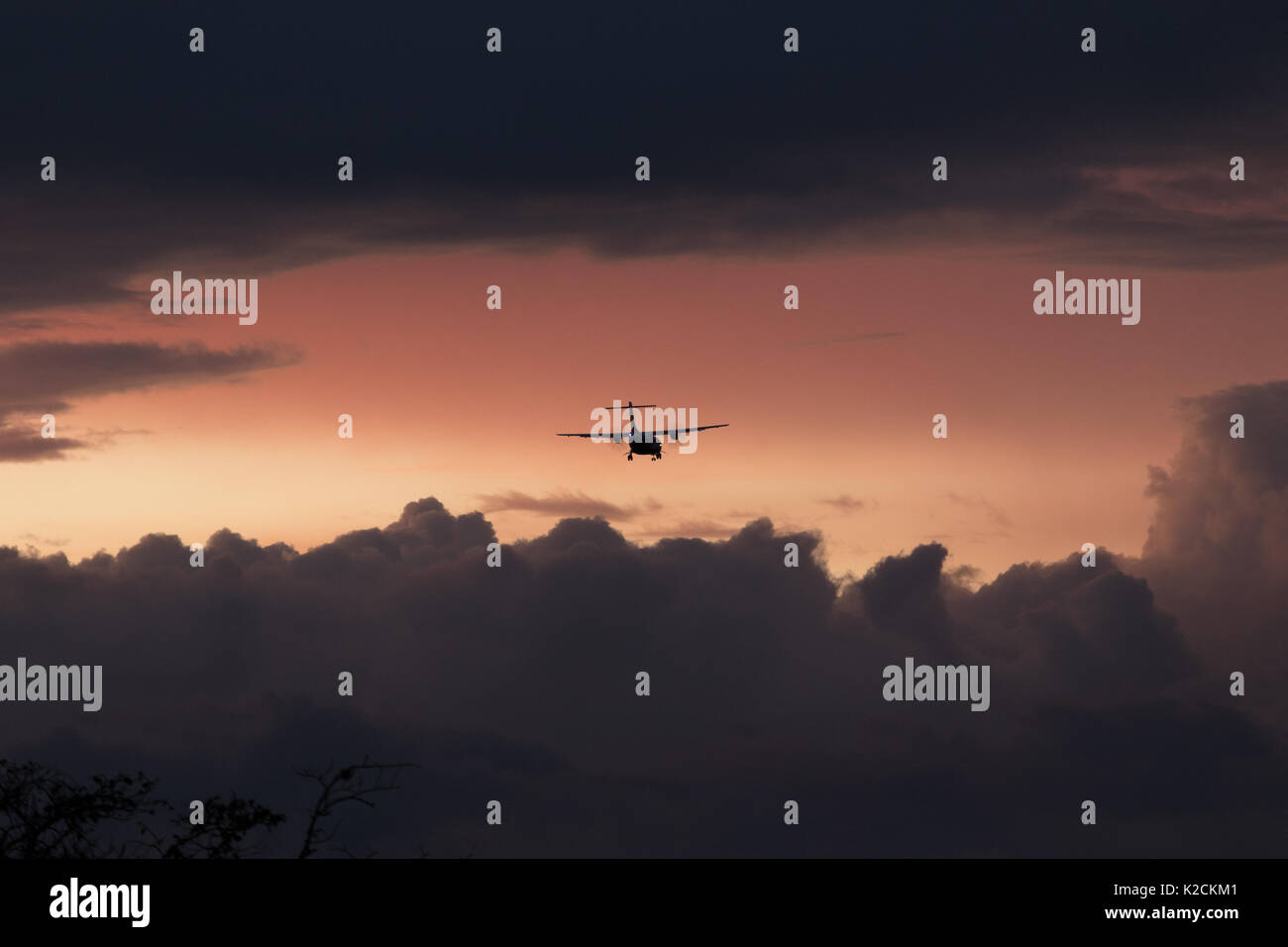 airplane flying through sunset clouds Stock Photo - Alamy