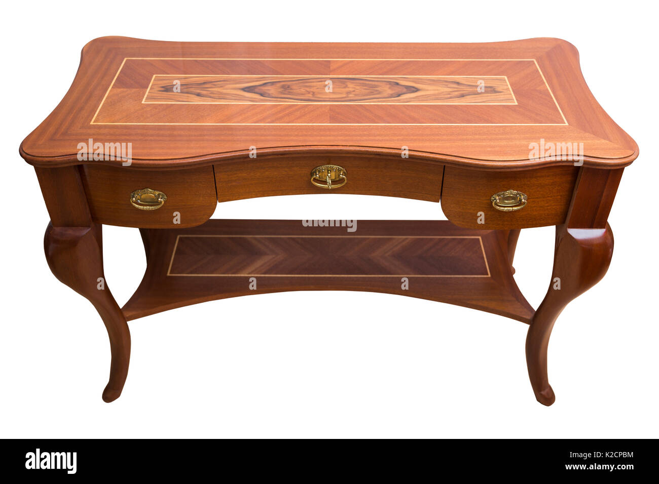 Antique wooden handcrafted table with gold metal handles and shelves ...