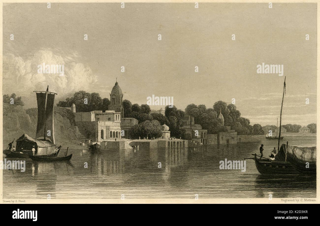 Antique c1860 engraving, View of Cawnpore from the Ganges River. Today ...