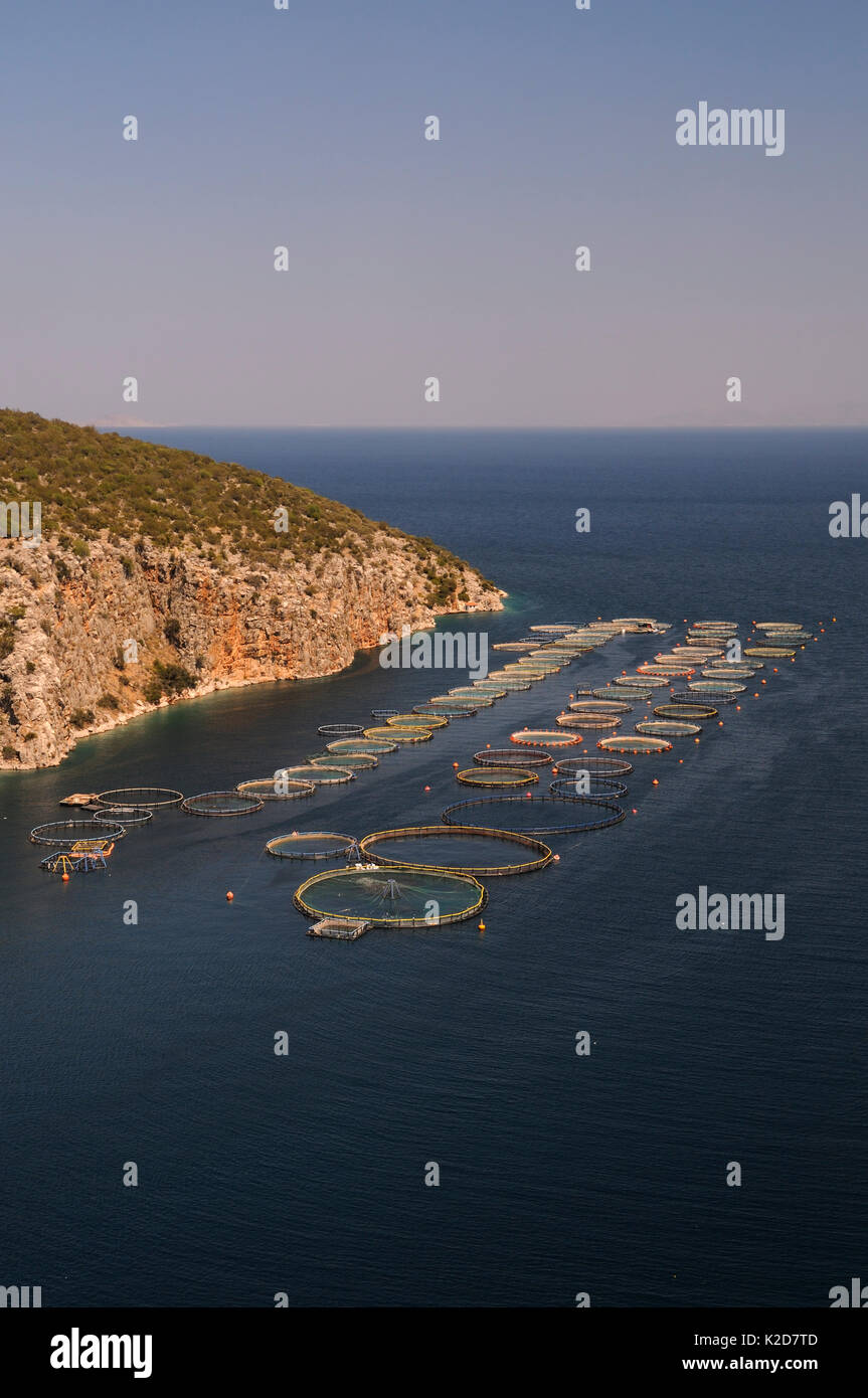 Landscape of fish farm with floating pens for Sea bass and Sea bream ...