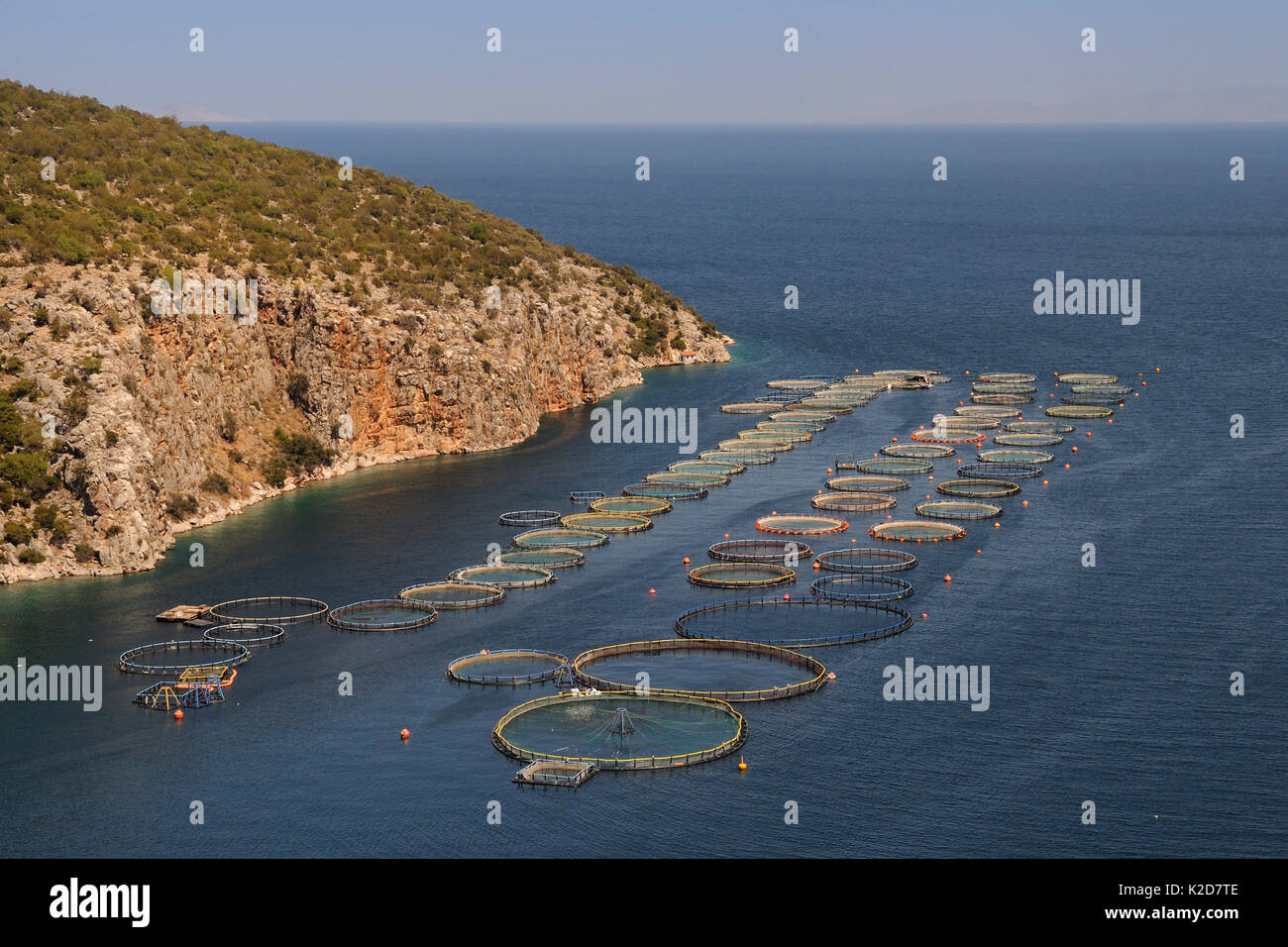 Landscape of fish farm with floating pens for Sea bass and Sea bream ...