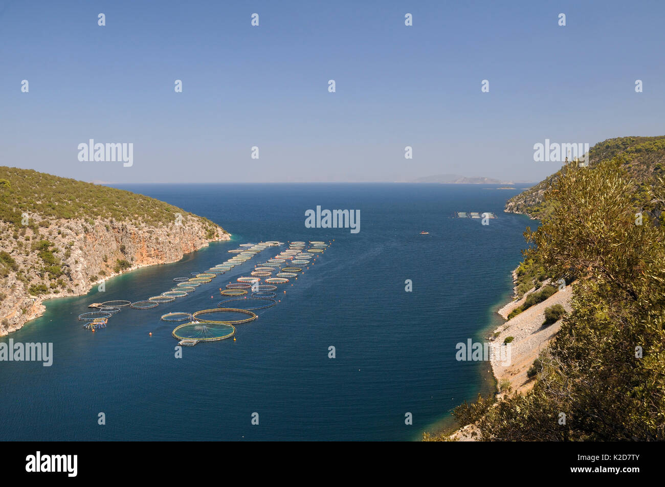 Landscape of fish farm with floating pens for Sea bass and Sea bream ...