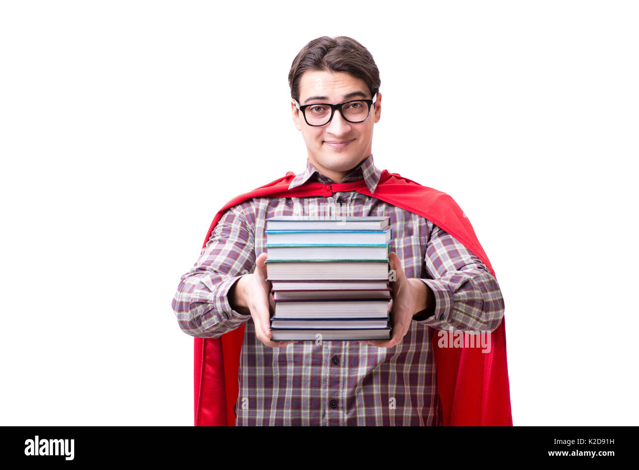 Super hero student with books isolated on white Stock Photo - Alamy