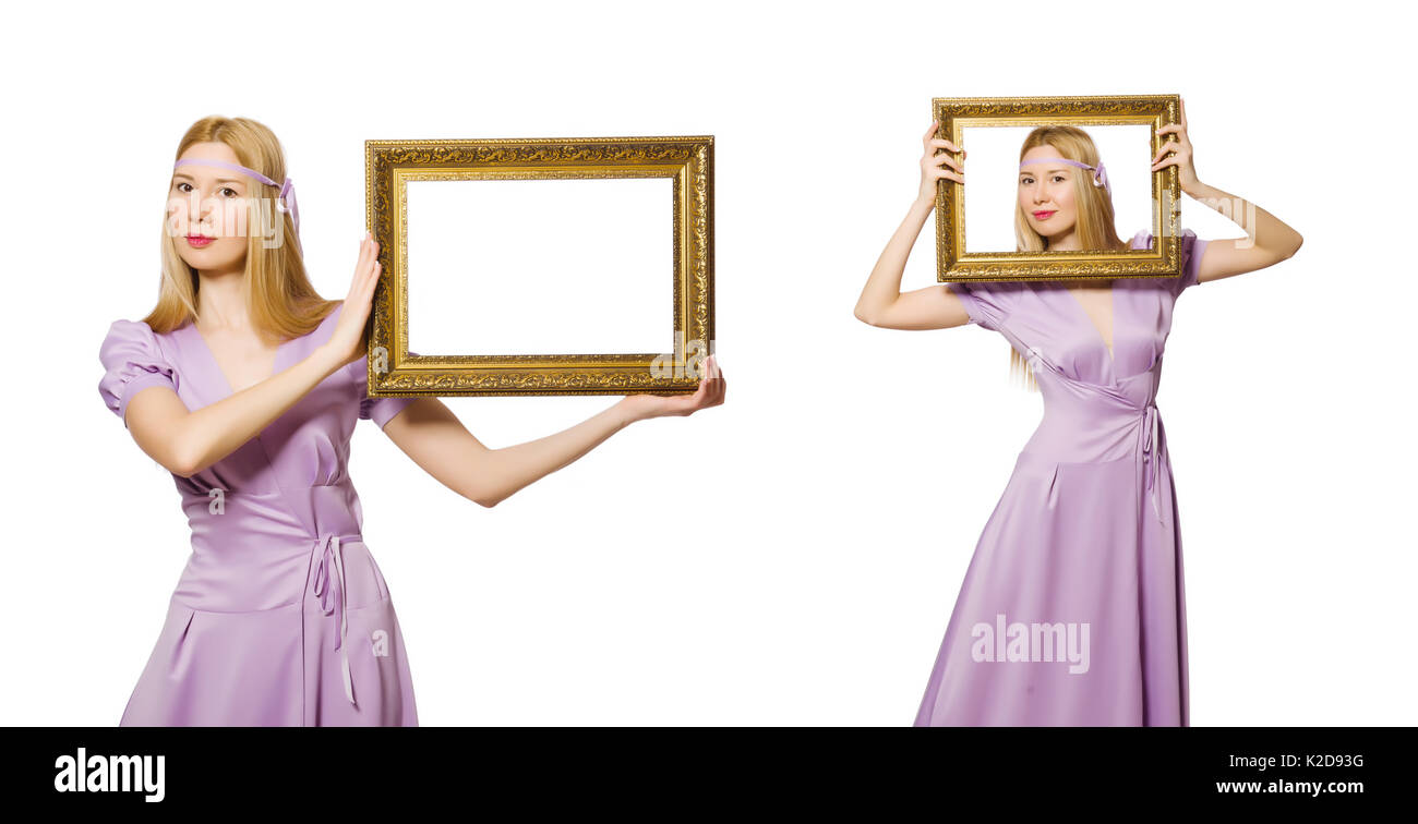 Woman with picture frame on white Stock Photo - Alamy