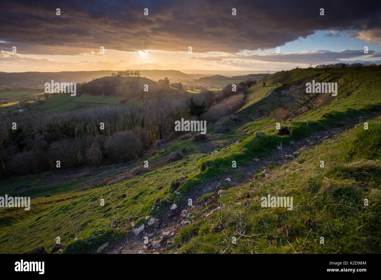 Downham Hill from iron age hill fort at Uley Bury, Cotswold escarpment ...