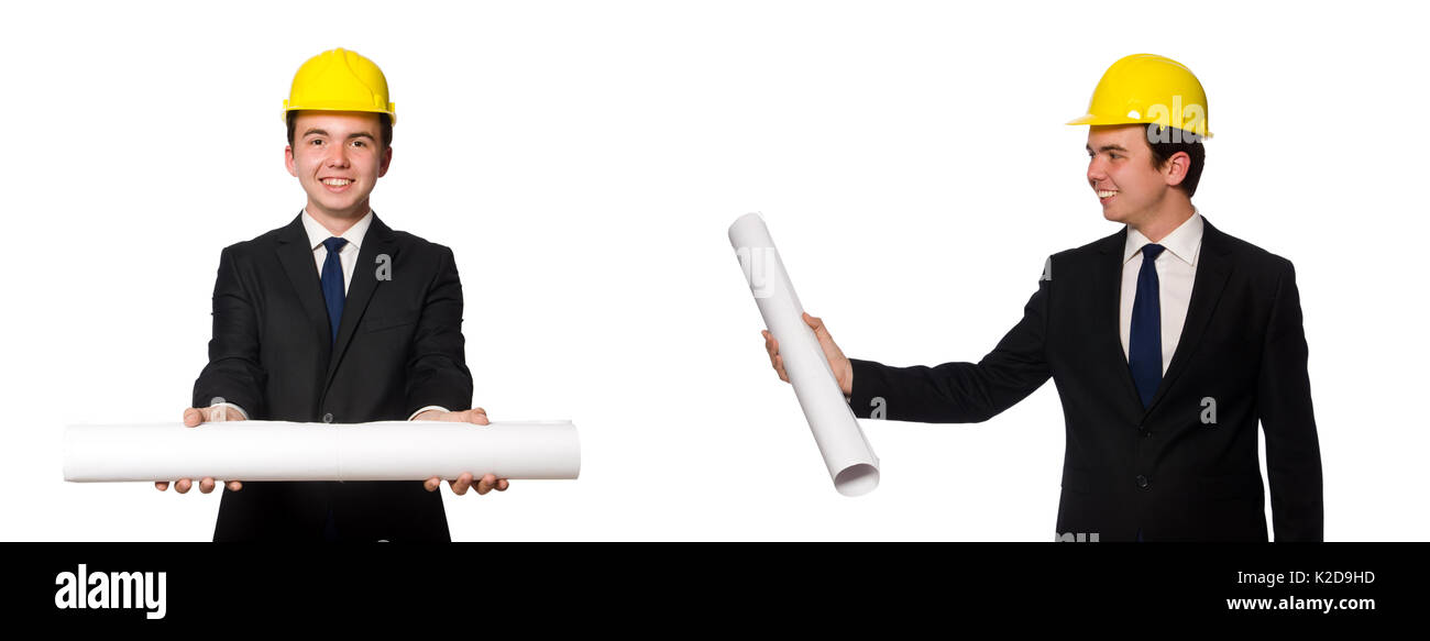 Funny architect with drawings on white Stock Photo - Alamy