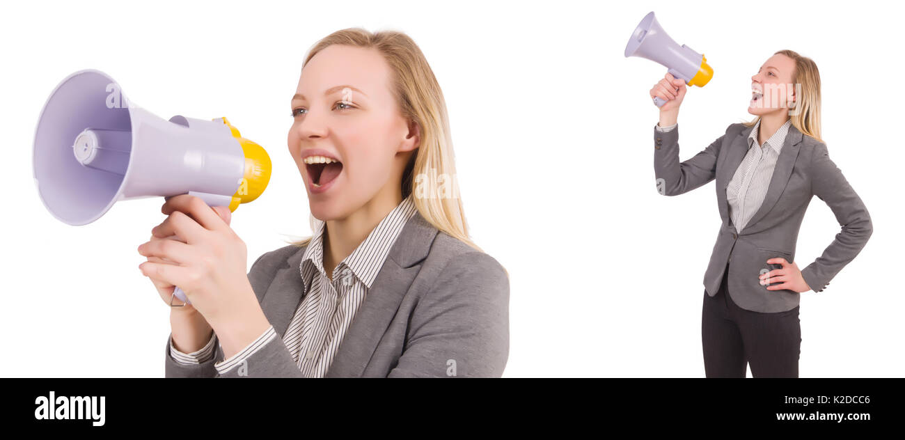 Businesswoman with bullhorn isolated on white Stock Photo - Alamy