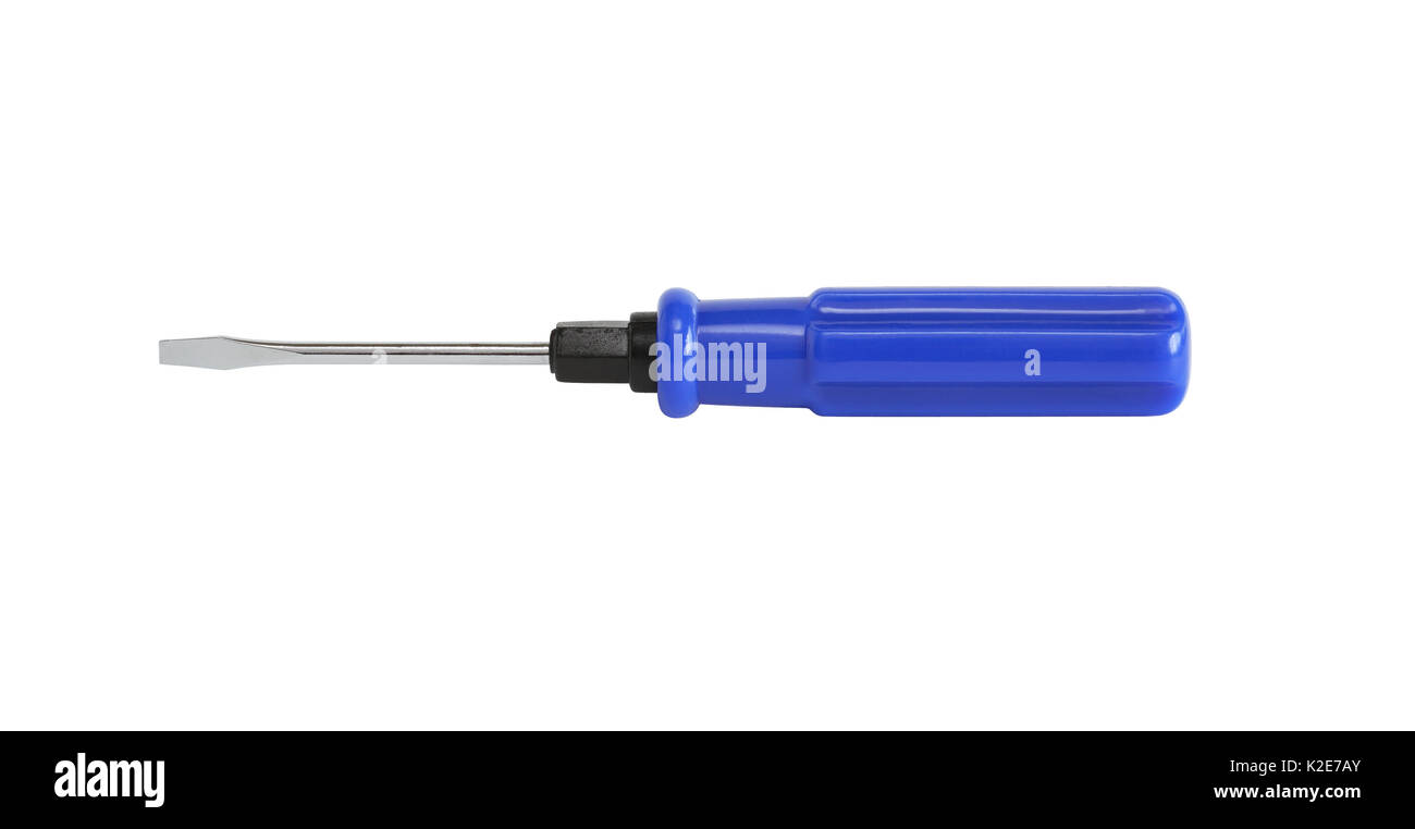 New screwdriver with blue plastic handle isolated on white background ...