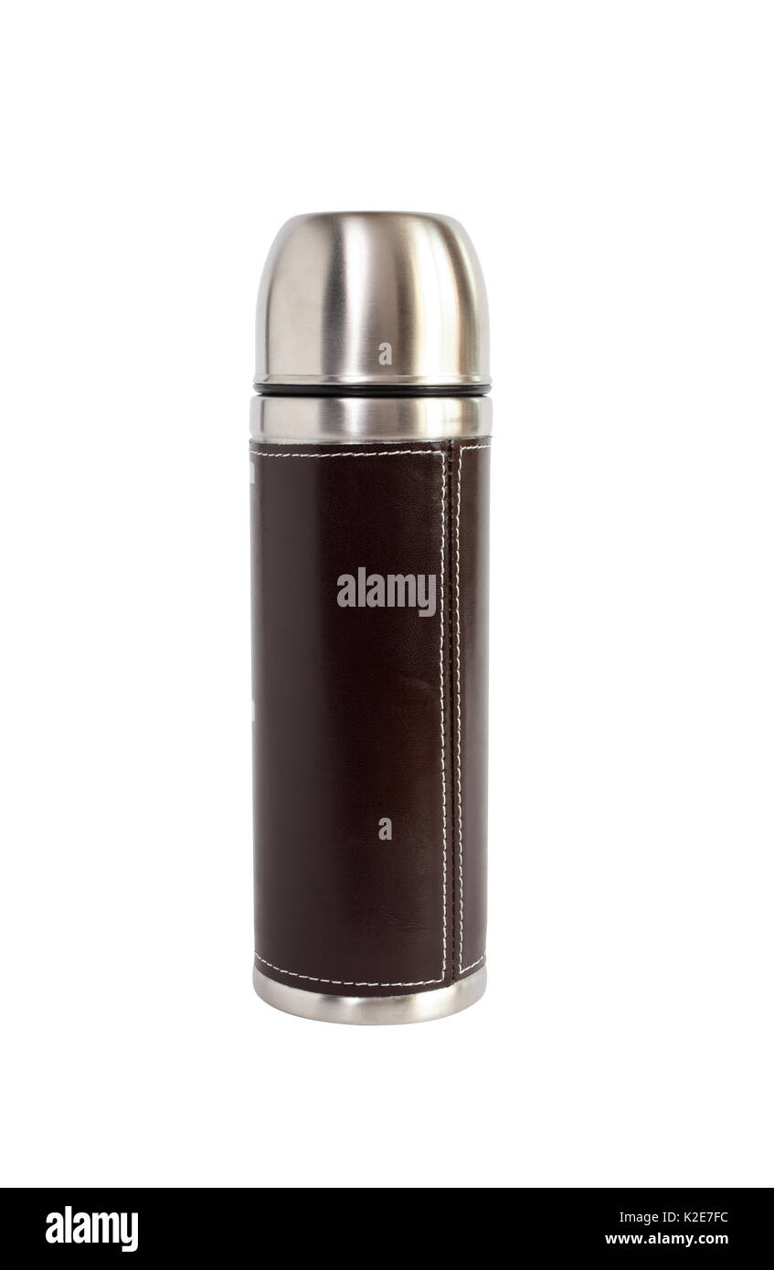 Modern steel thermos with leather armour. Isolated on white with ...