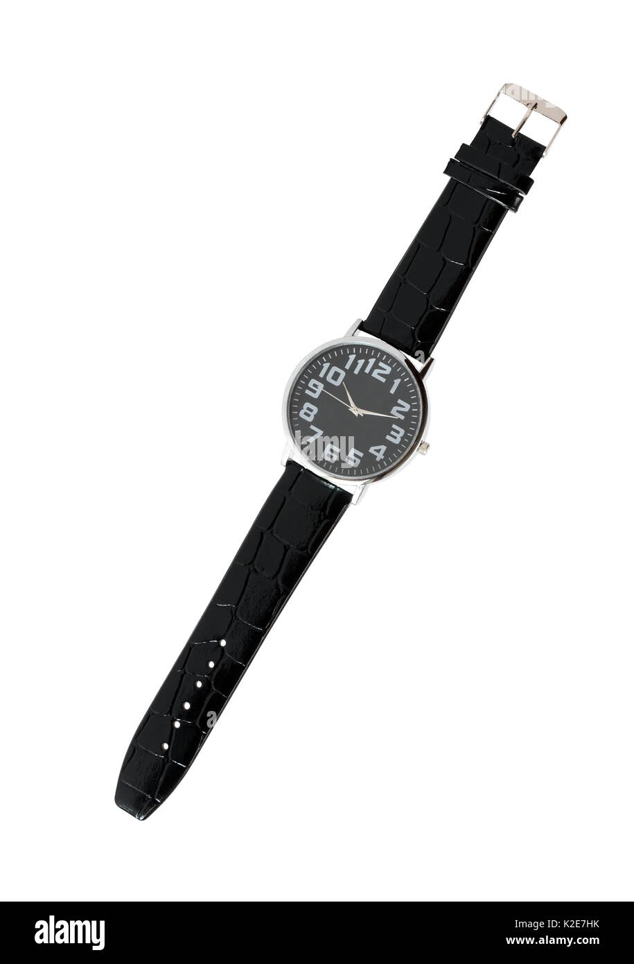 Modern wristwatch with black clock face on white background. Isolated ...