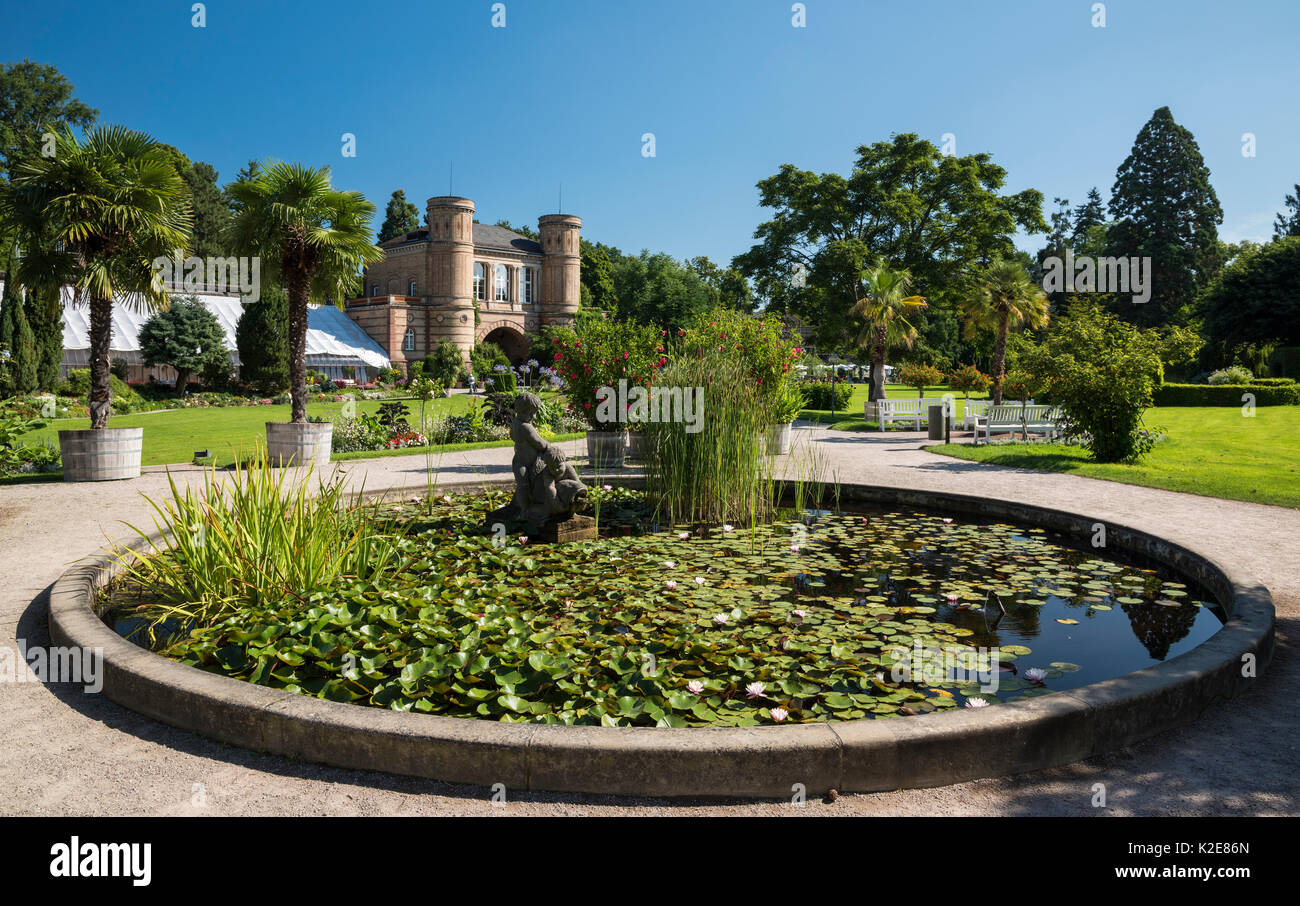 Water lily basin in front of the arched building, botanical garden in ...