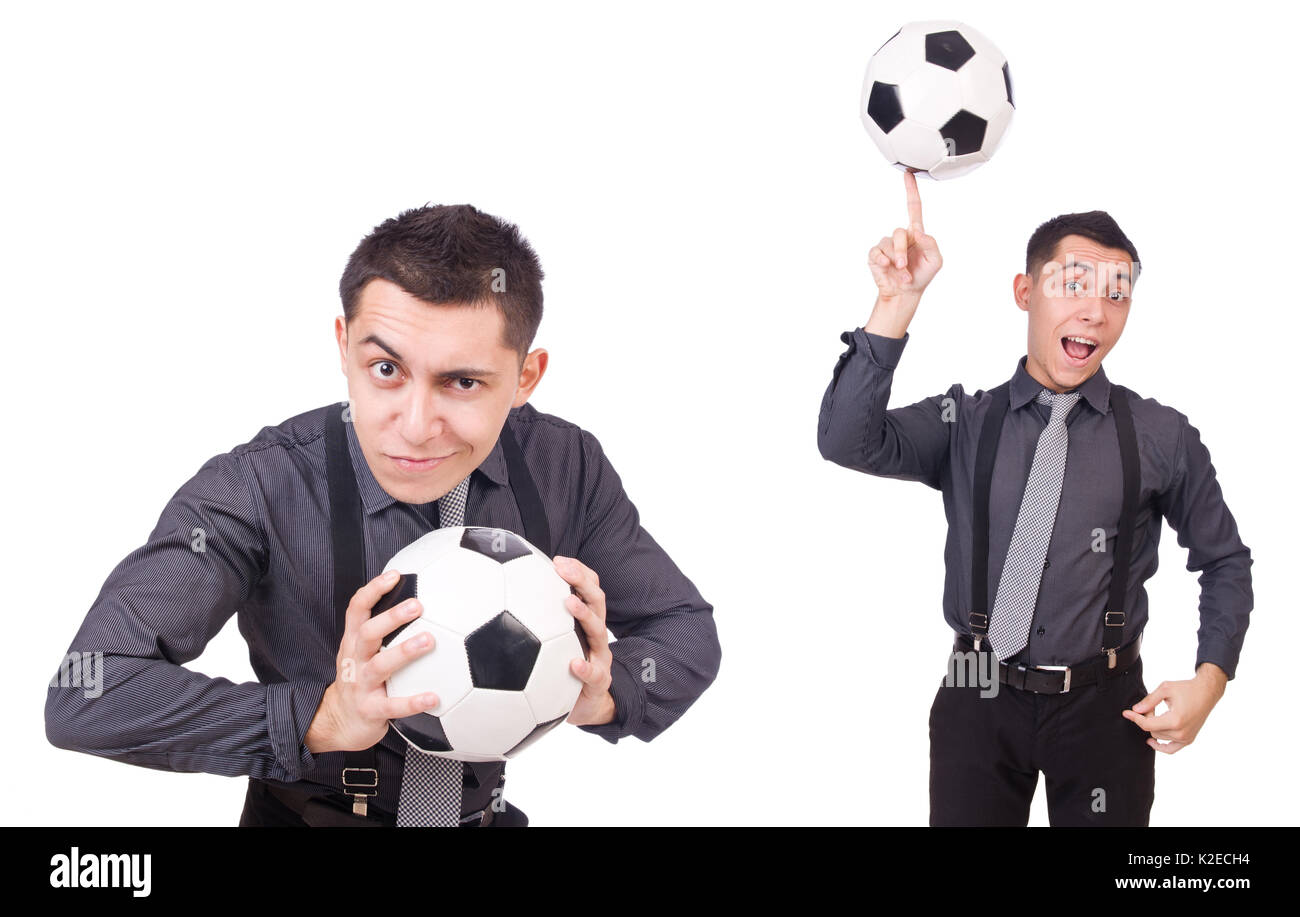 Funny man with football isolated on white Stock Photo - Alamy