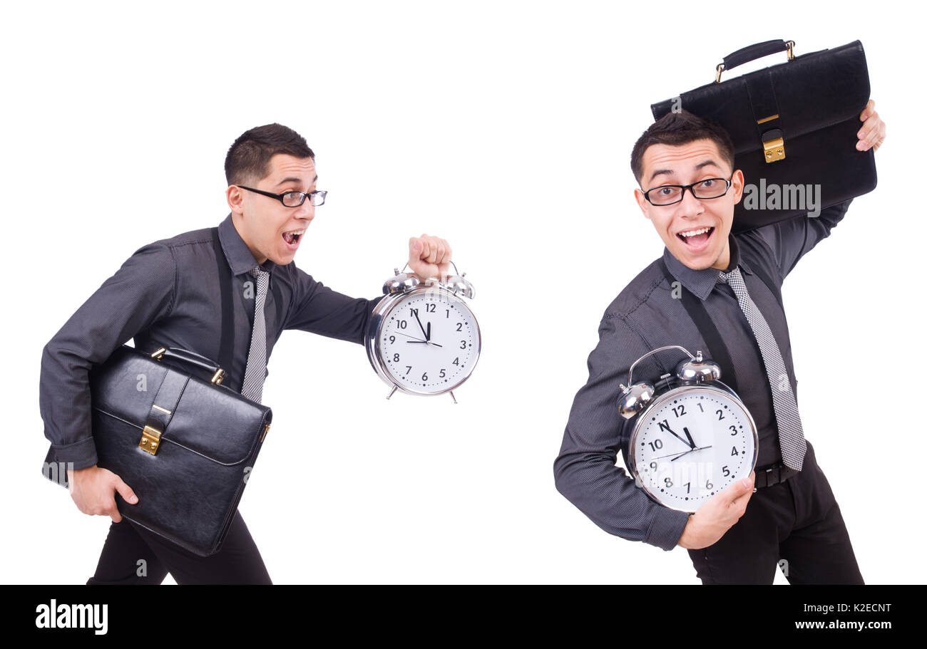 Funny businessman with clock isolated on white Stock Photo - Alamy