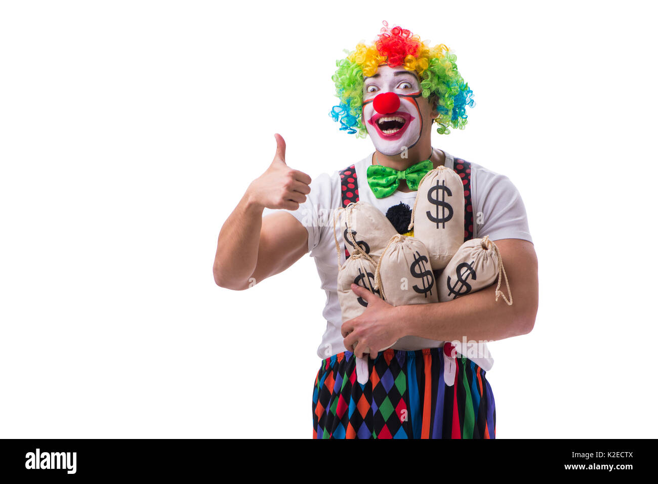 Funny clown with money sacks bags isolated on white background Stock ...
