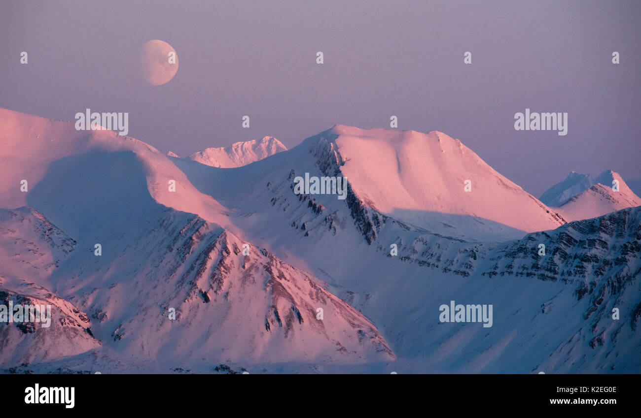Bellsund with moon, Spitsbergen, Svalbard, Norway, March 2016 Stock ...