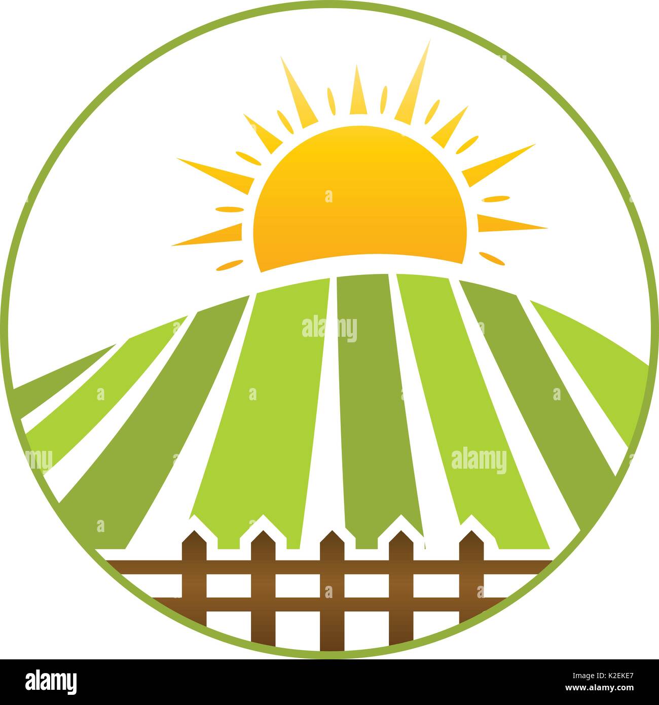 farm field with sun and farm fence within an outline of circle, farm ...
