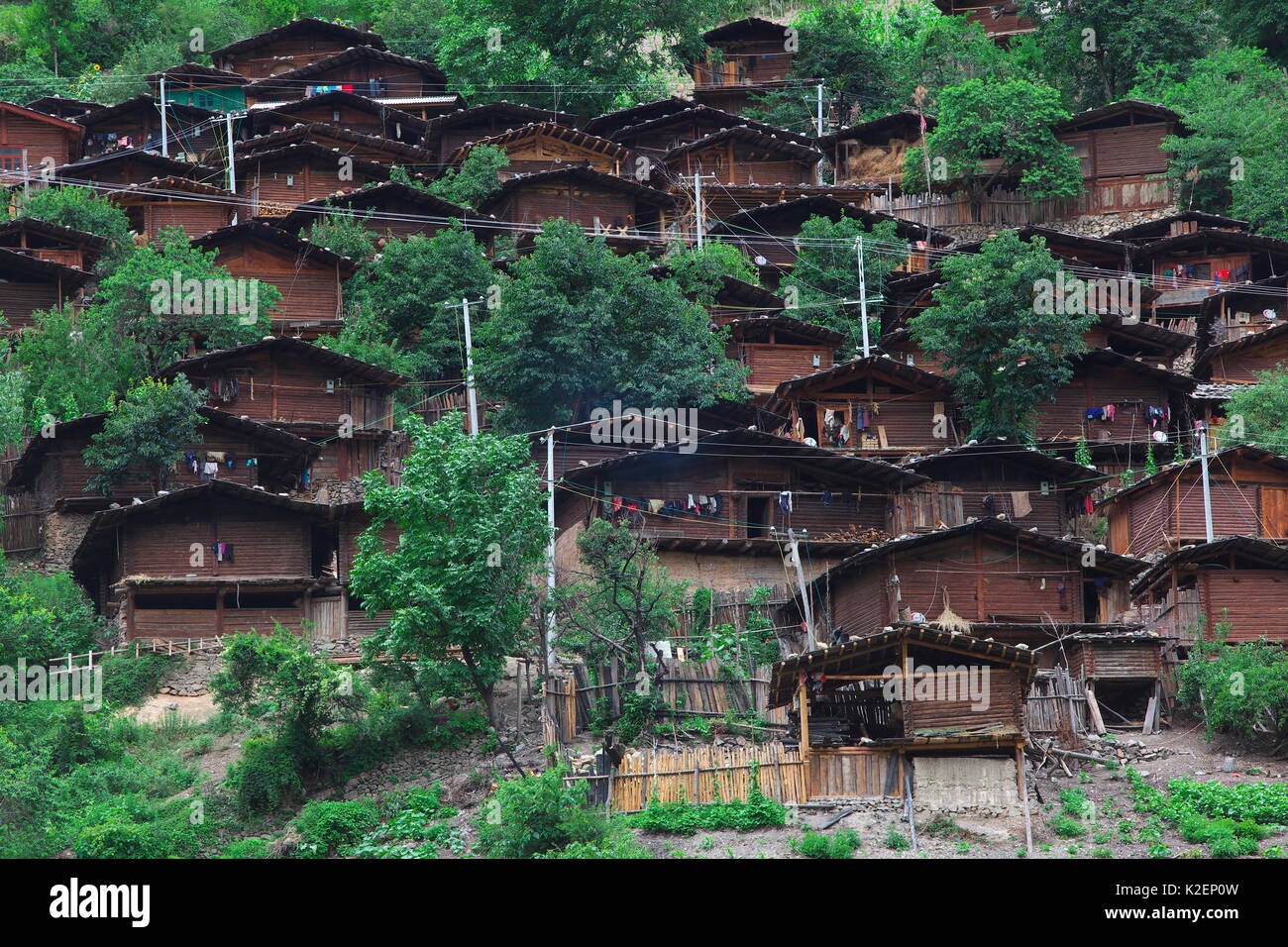 Houses of the Lisu people tightly packed together on slope, Weixi ...