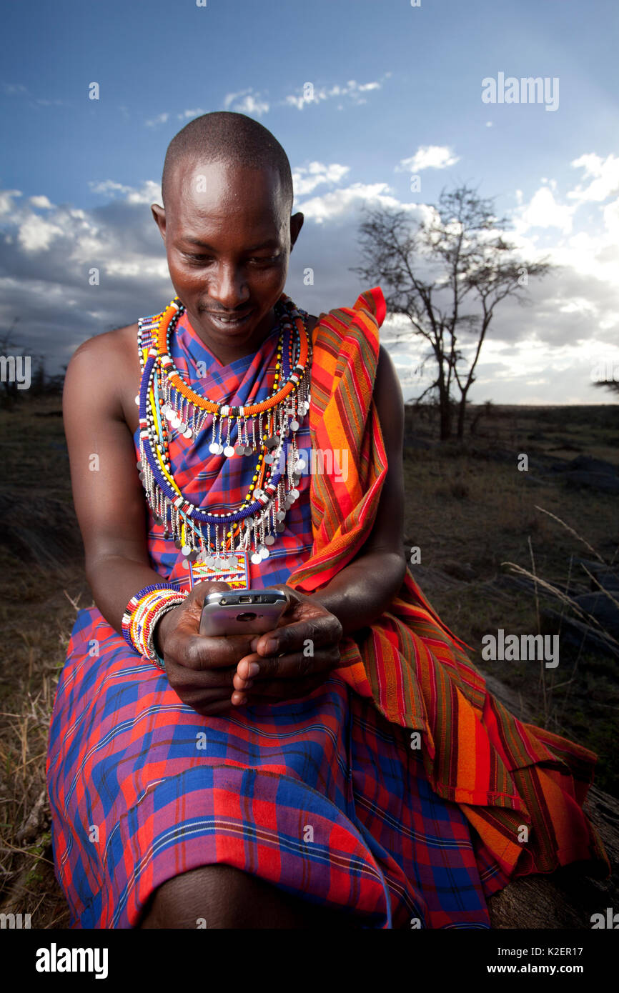 Maasai man using mobile phone, Mara region, Kenya, September 2013 Stock ...