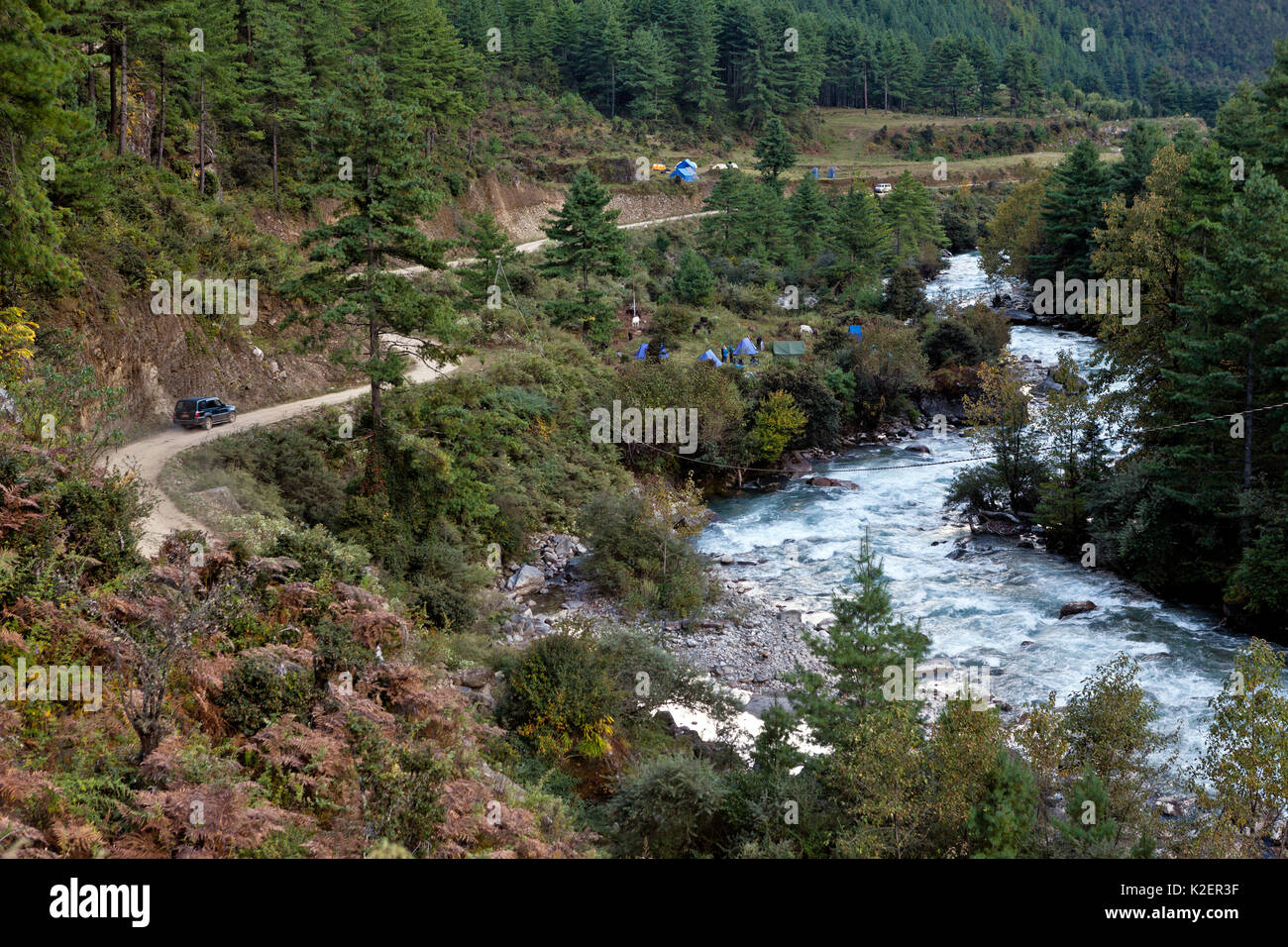 Campsite on the Jhomolhari Trek, along the Paro River. Bhutan, October ...
