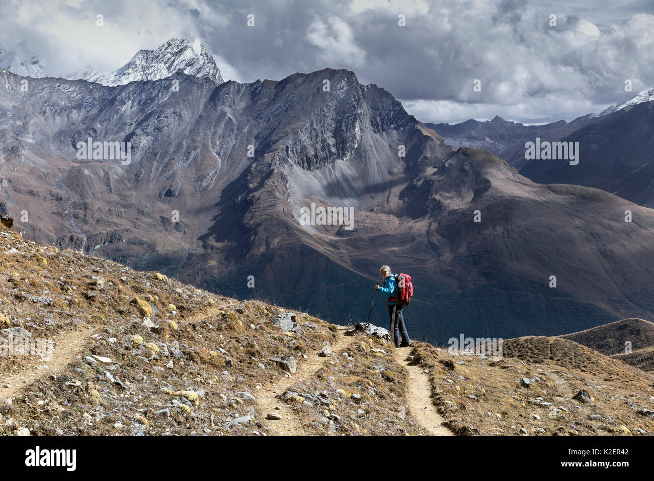 Hiker on the Jhomolhari Trek, getting ready to descend to the Soi Yaksa ...