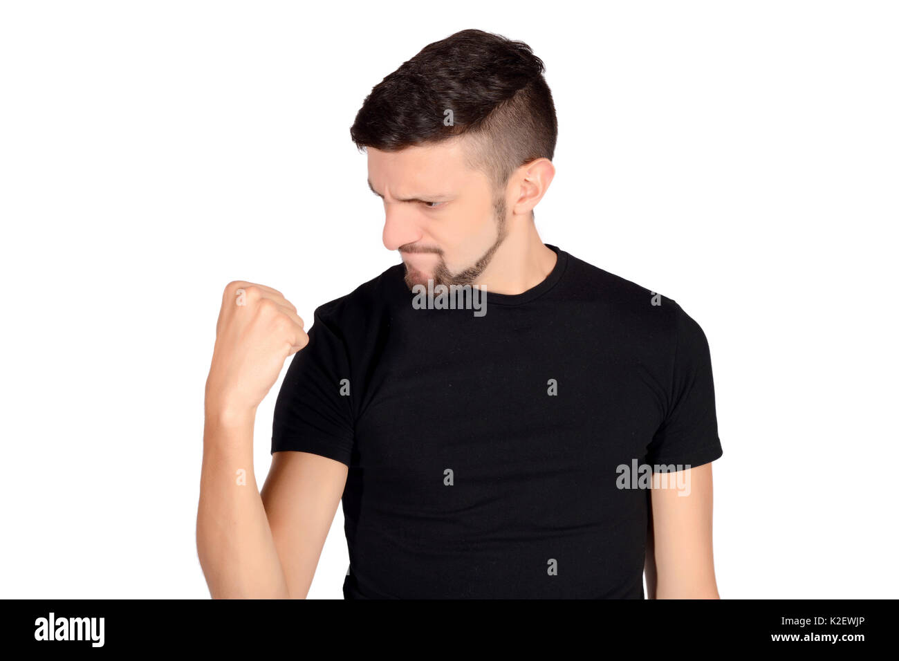 Portrait of a young latin man celebration victory. Isolated white ...