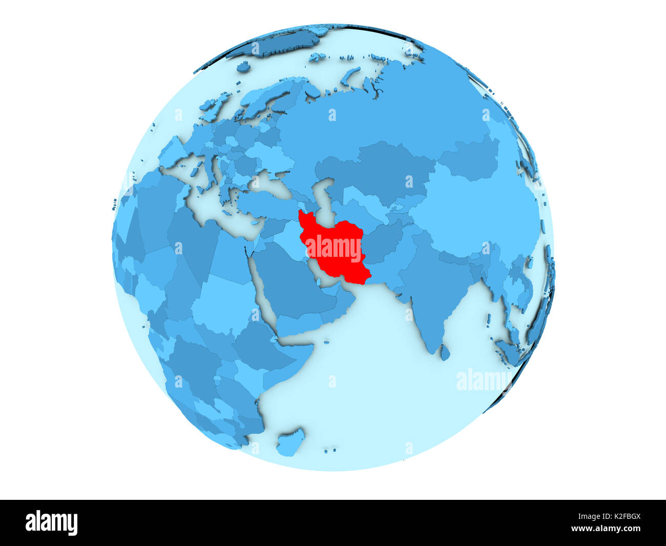 Iran highlighted in red on blue political globe. 3D illustration ...
