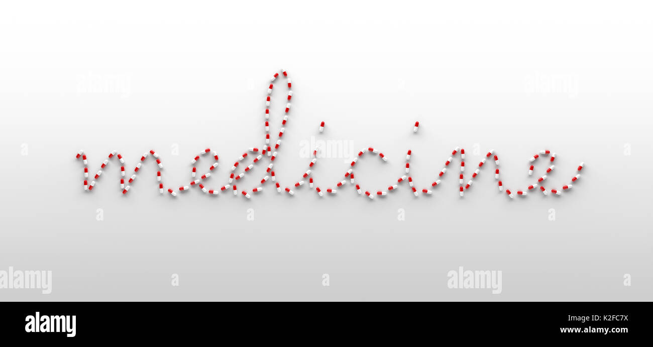 Red and white capsules forming the word medicine Stock Photo - Alamy