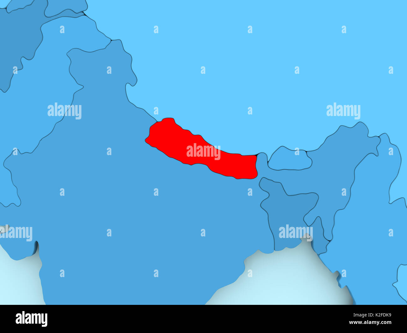 Nepal in red on blue political map. 3D illustration Stock Photo - Alamy