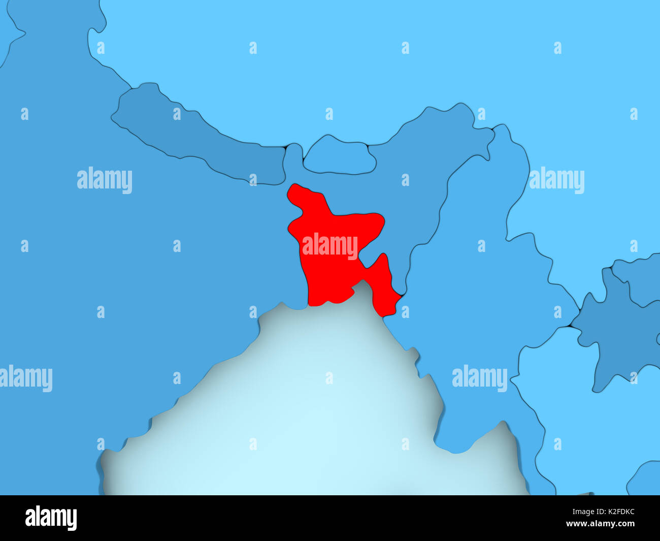 Bangladesh in red on blue political map. 3D illustration Stock Photo ...