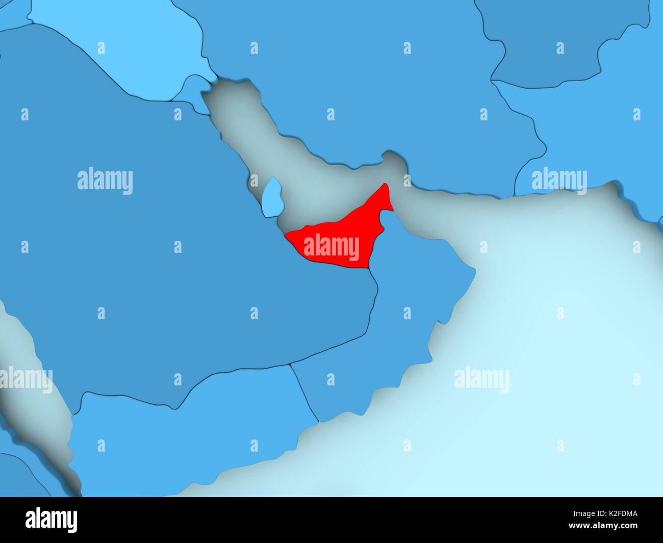 United Arab Emirates in red on blue political map. 3D illustration ...