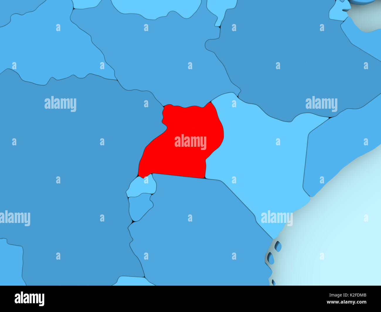 Uganda in red on blue political map. 3D illustration Stock Photo - Alamy