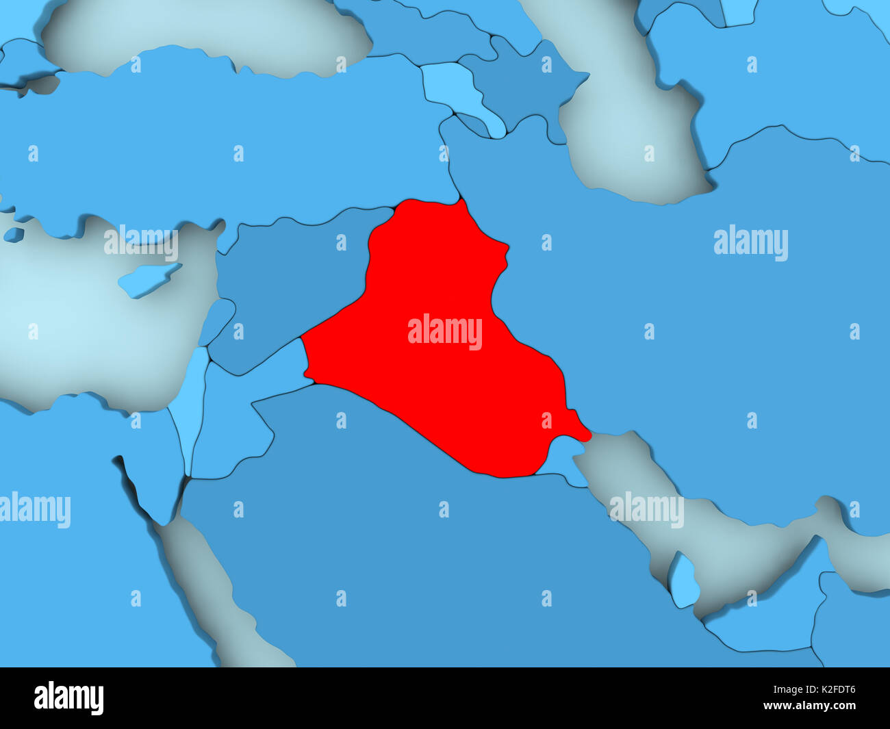 Iraq in red on blue political map. 3D illustration Stock Photo - Alamy