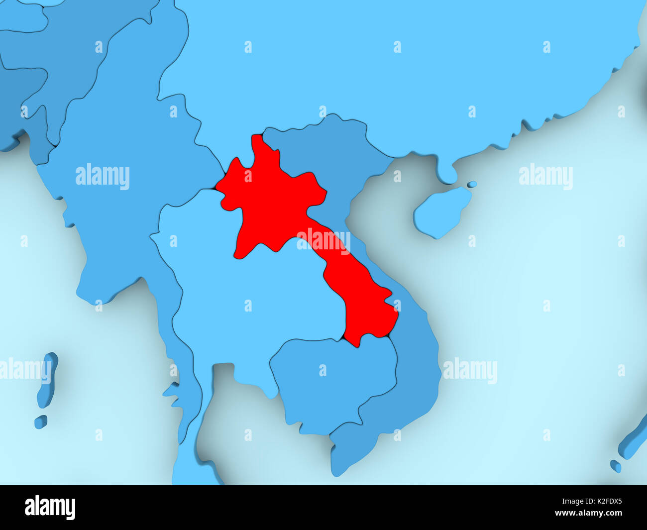 Laos in red on blue political map. 3D illustration Stock Photo - Alamy
