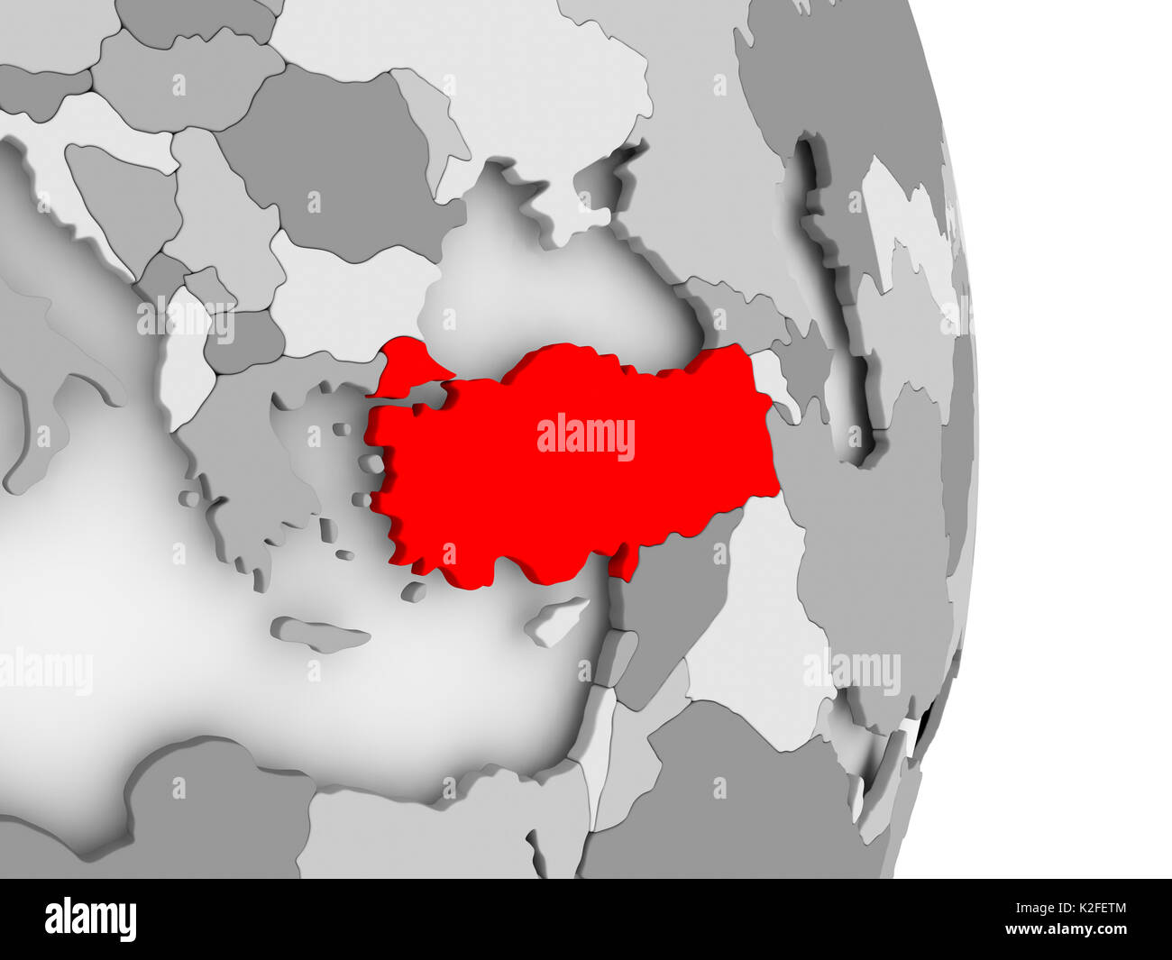 Turkey highlighted in red on grey political globe. 3D illustration ...