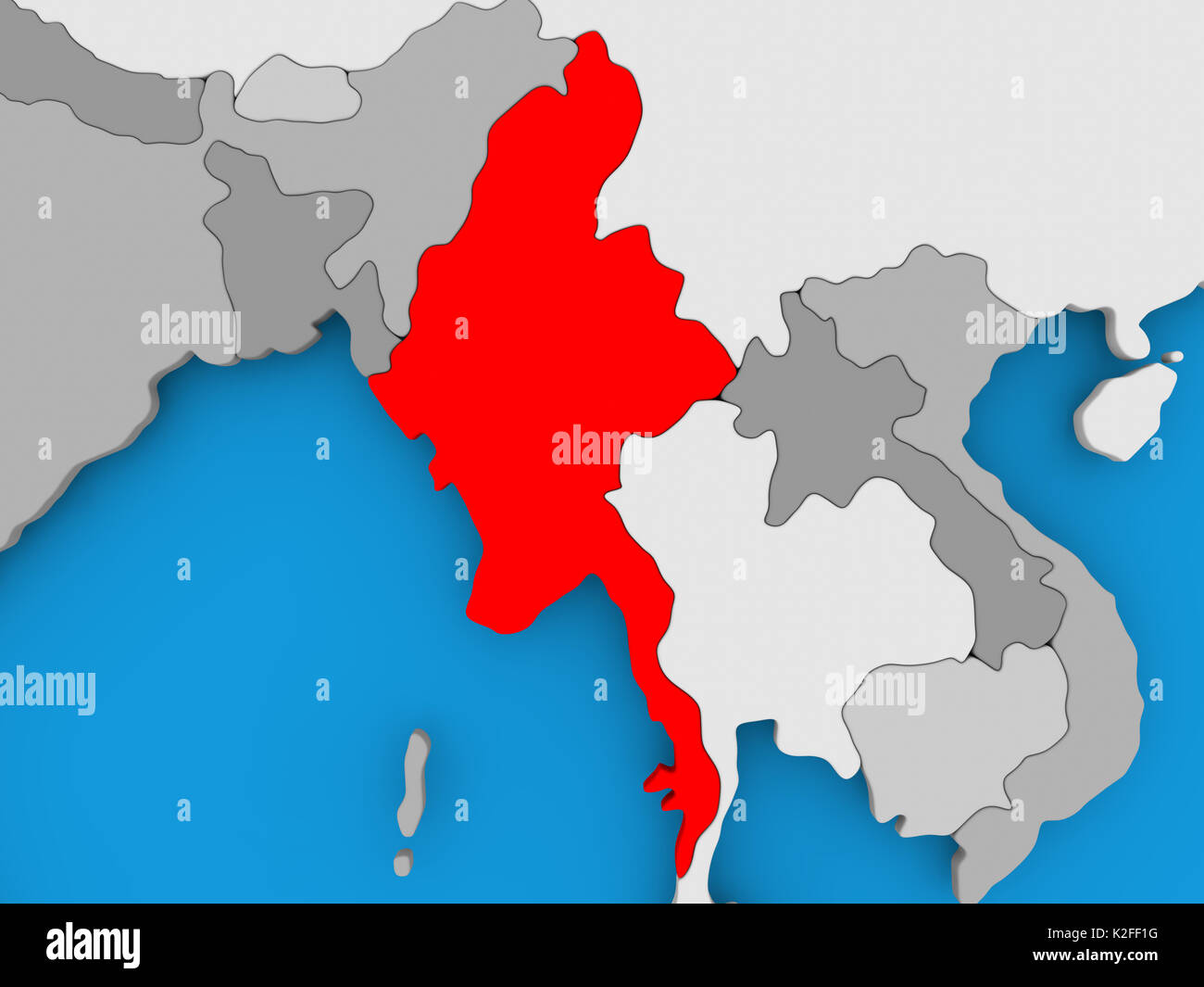Myanmar in red on political map. 3D illustration Stock Photo - Alamy