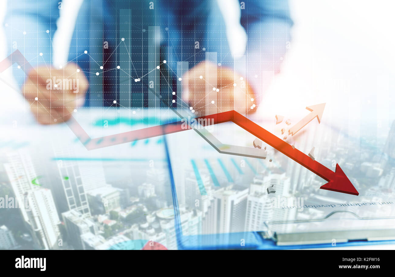 Businessman point at decreasing graph and increasing broken graph with ...