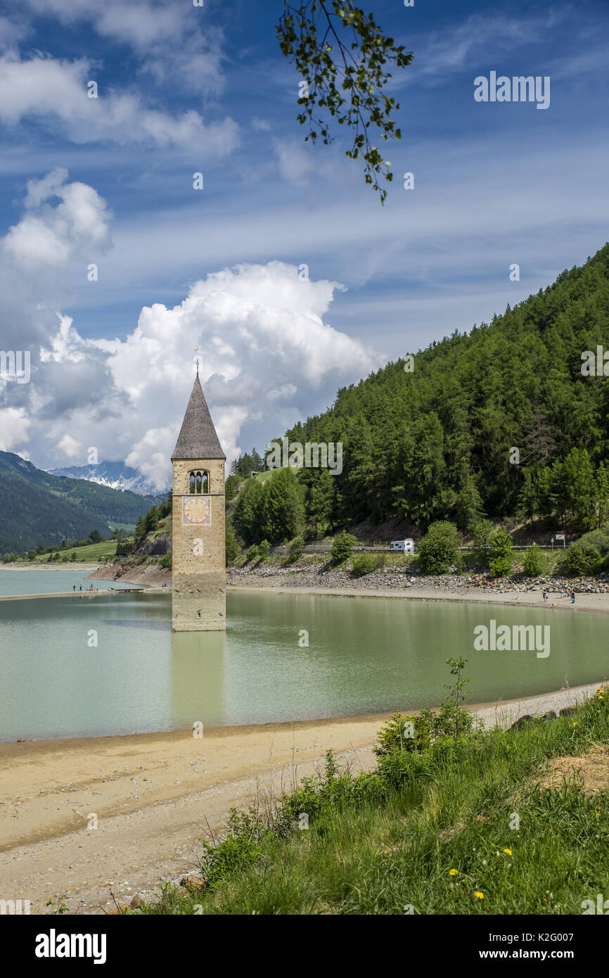 Church Tower Of Graun in the Lago Di Resia, Italy, Europe Stock Photo ...