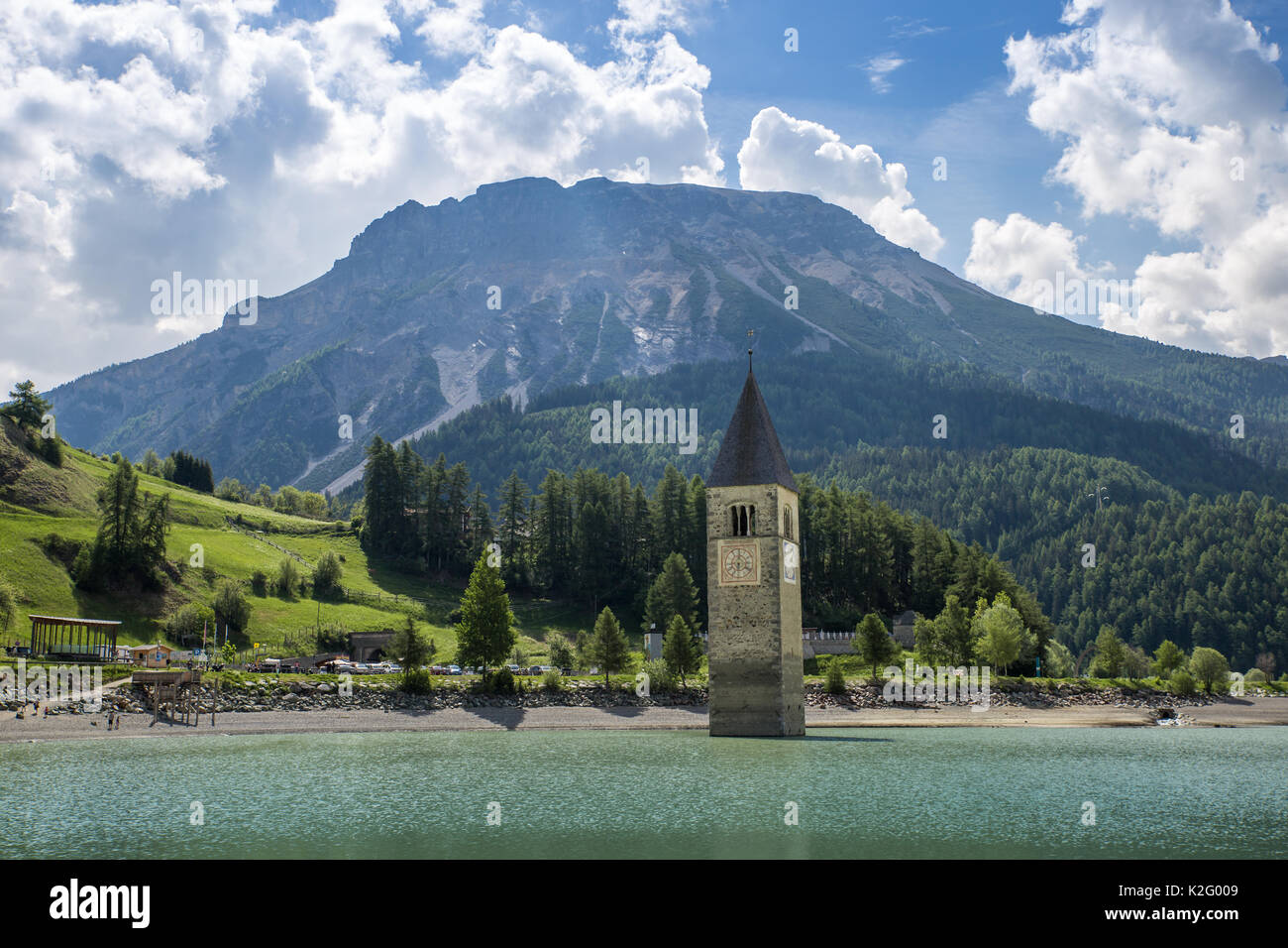 Church Tower Of Graun in the Lago Di Resia, Italy, Europe Stock Photo ...