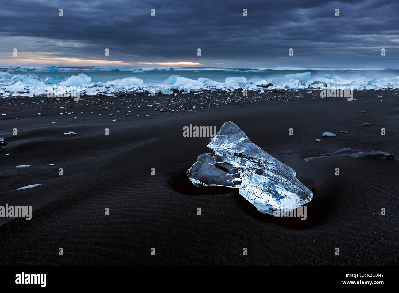 The black beach of Jokulsarlon at low tide is filled with small ice ...