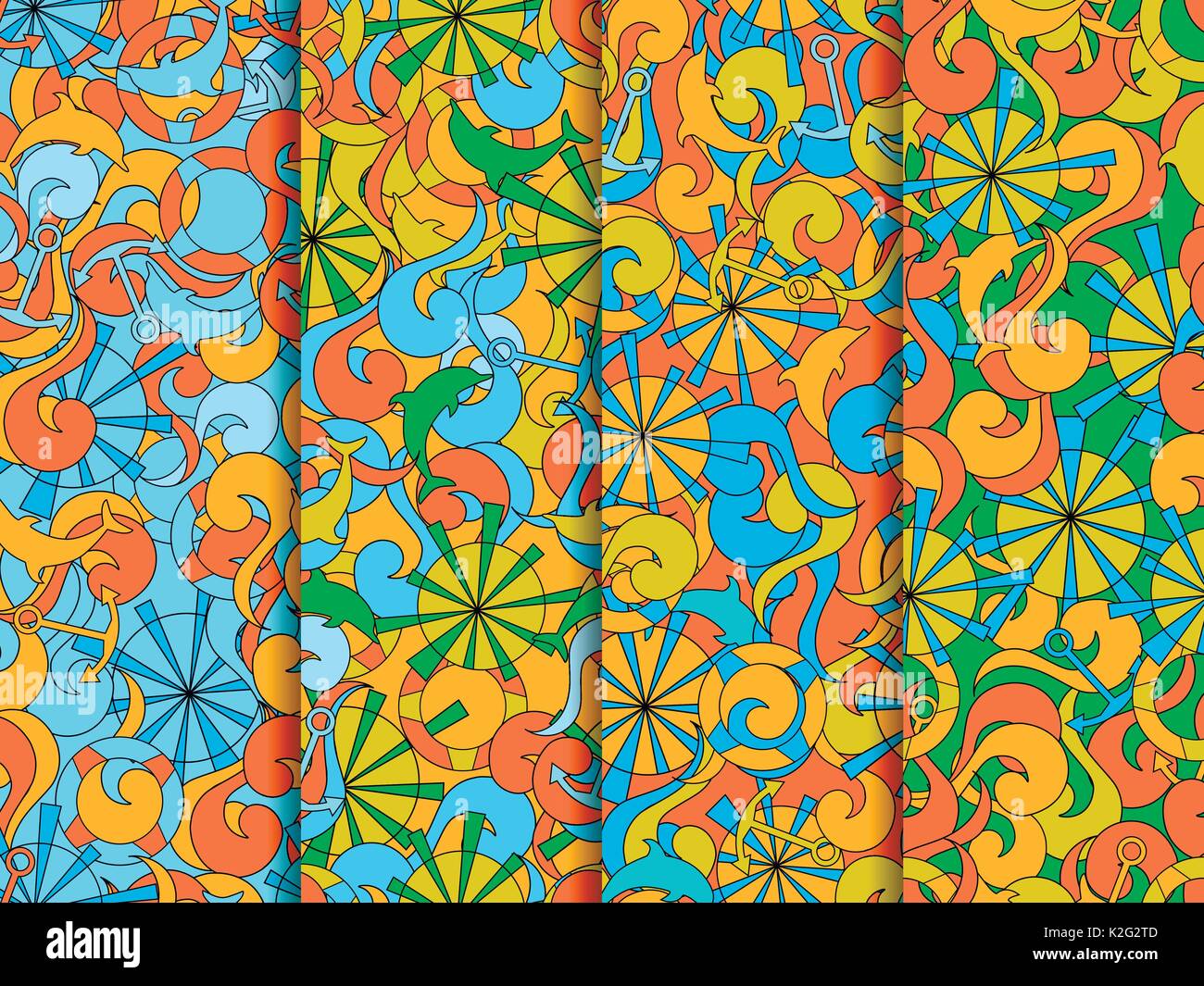 Marine seamless pattern. Background with waves, dolphins and anchors ...