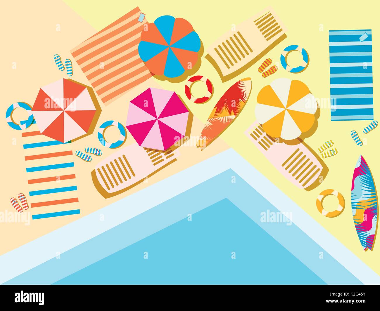 Swimming pool, top view. Sunbeds and umbrellas from the sun, rest at ...