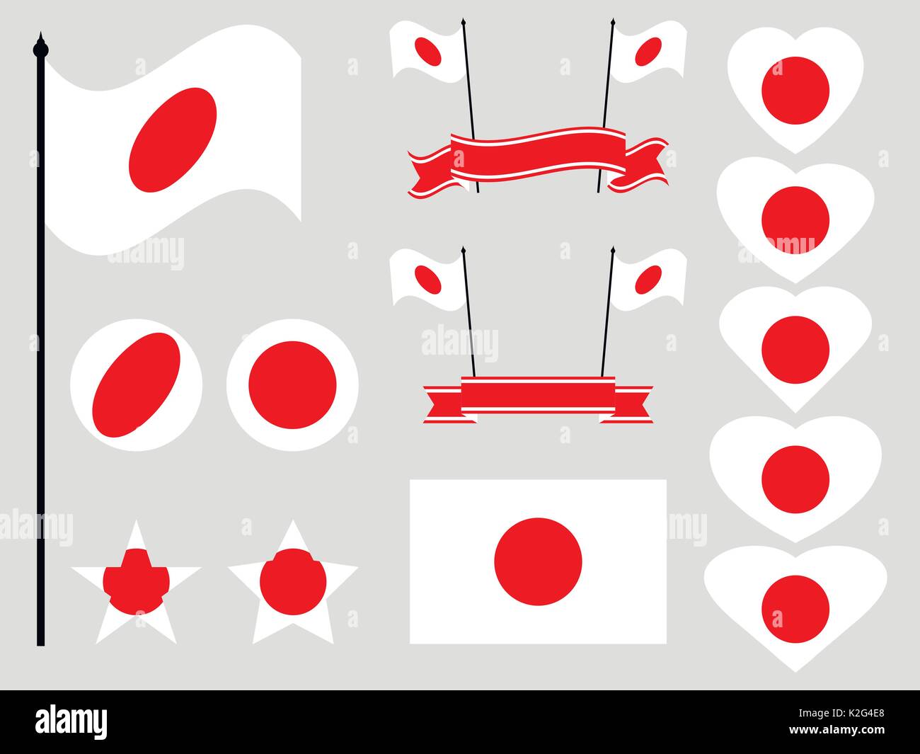 Japan flag set. Collection of symbols, flag in heart. Button and star ...