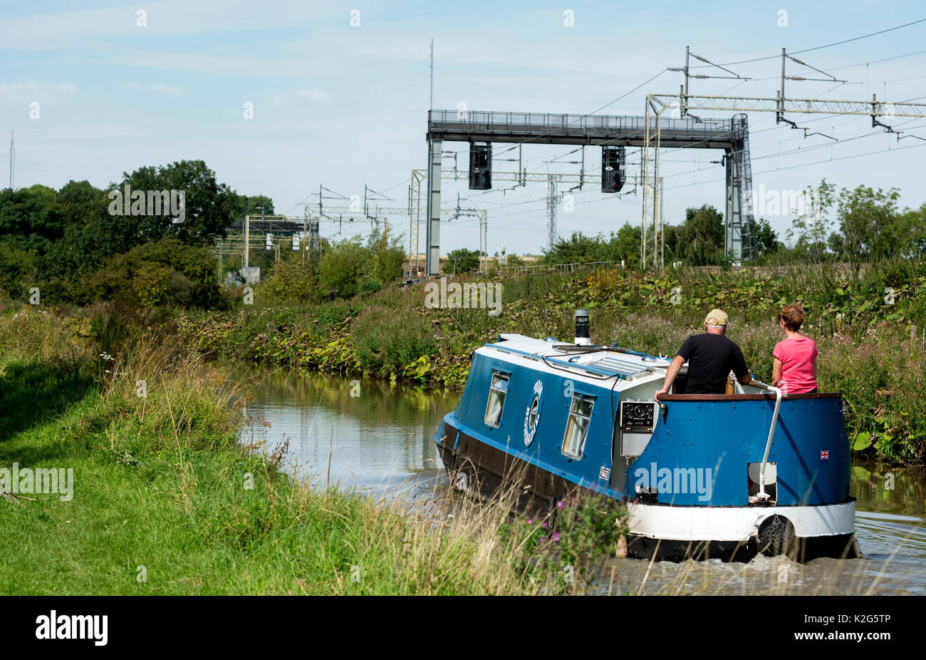 Narrowboat on the Oxford Canal alongside the West Coast Main Line ...