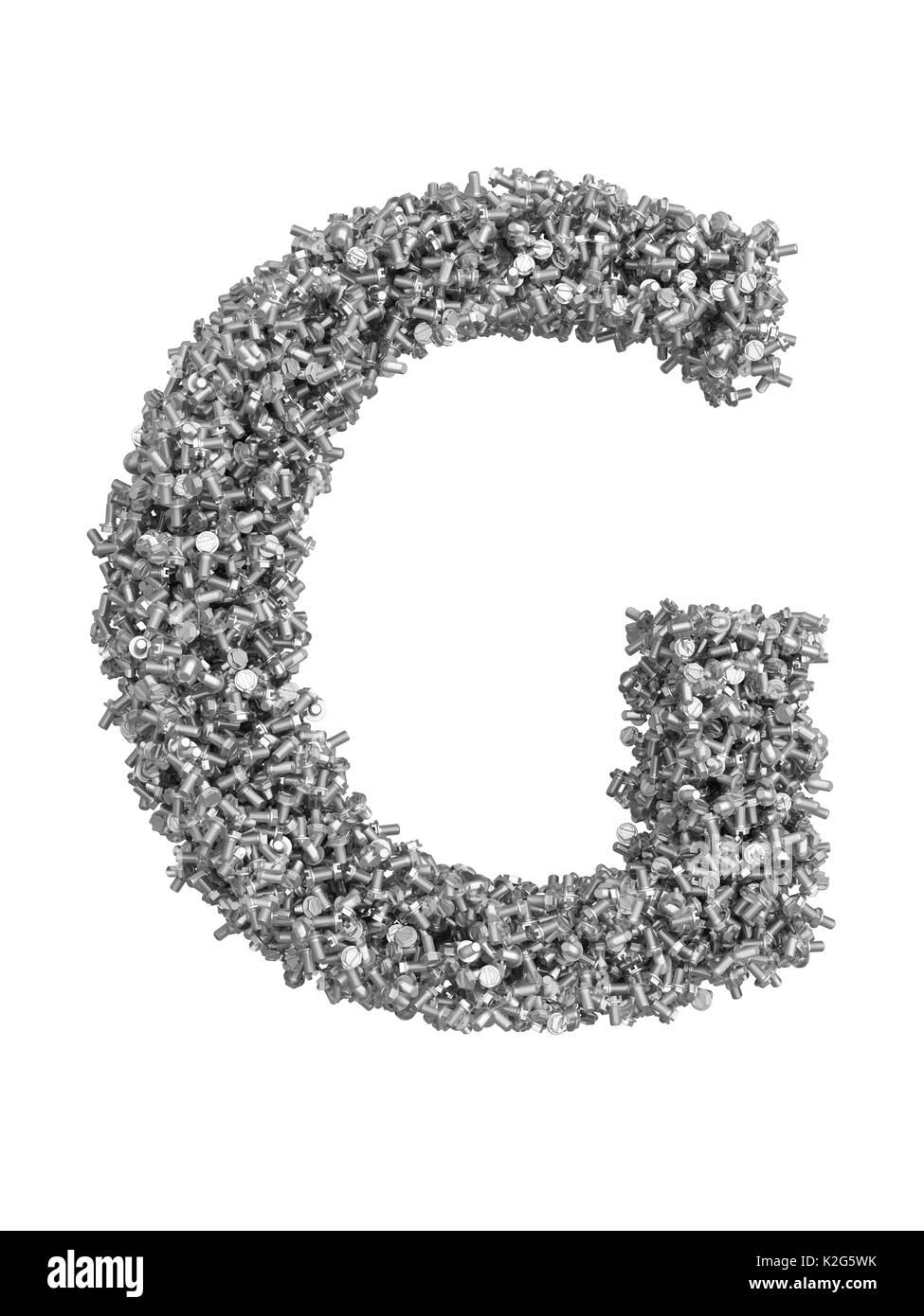 3D render of silver or grey alphabet make from bolts. Big letter G with ...